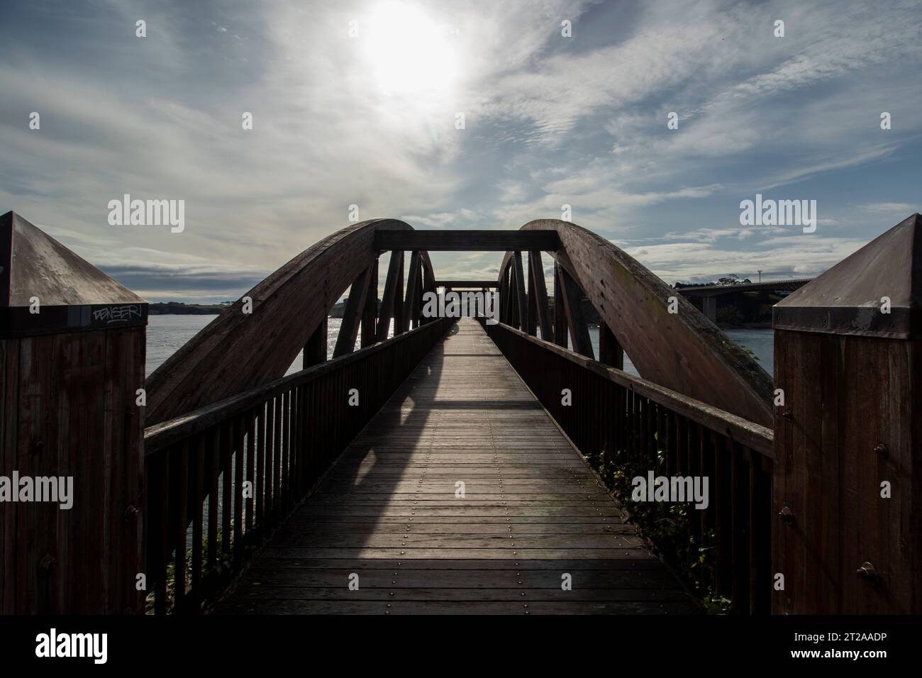 Wooden Bridge Over Calm Water Reflecting Blue Sky Stock Photo - Alamy
