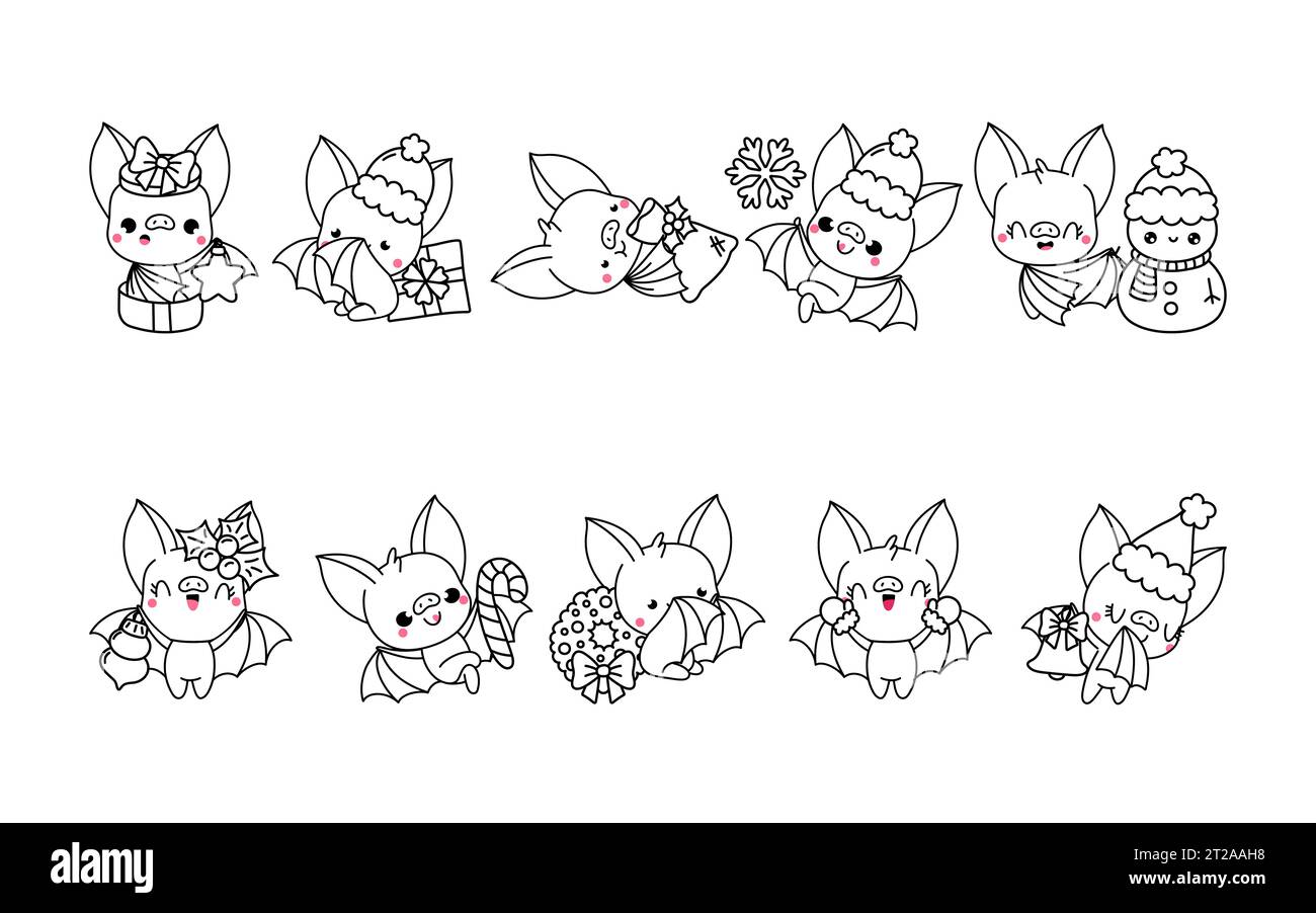 Set of Kawaii Christmas Bat Coloring Page. Collection of Cute Vector ...