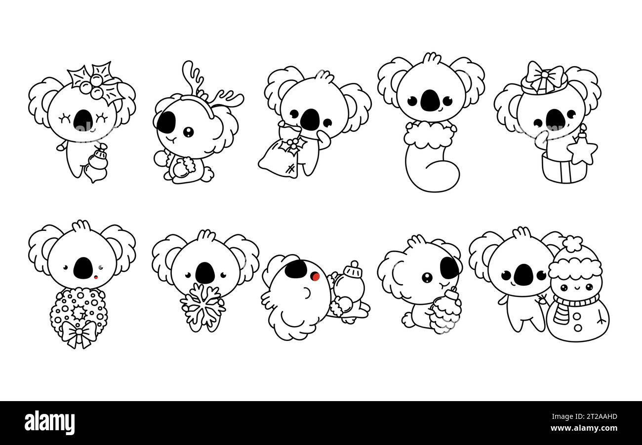 Set of Kawaii Christmas Koala Bear Coloring Page. Collection of Cute ...