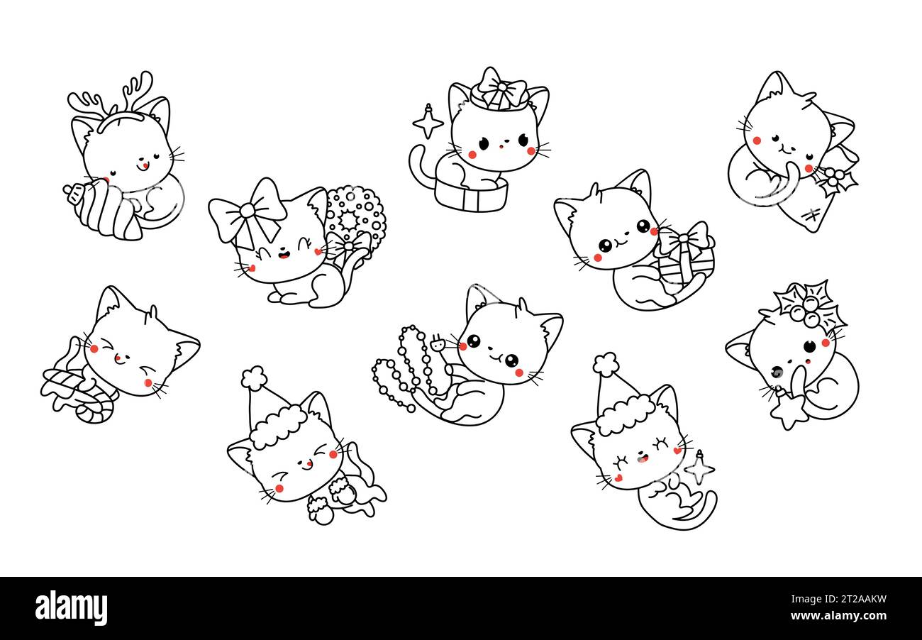Set of Kawaii Christmas Cat Coloring Page. Collection of Cute Vector ...
