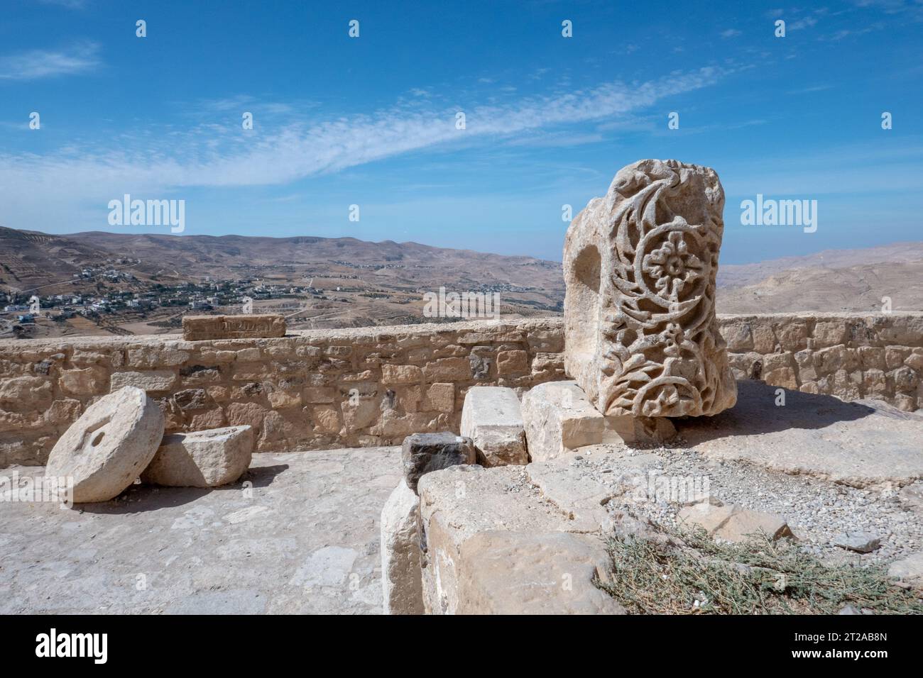 view to ancient Crusader Castle citadel of Kerak, Jordan. the carving ...