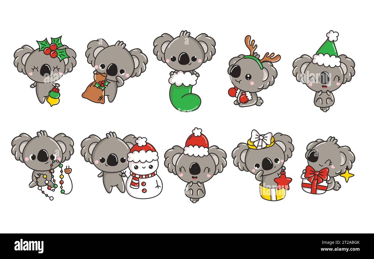 Set of Vector Christmas Koala Bear. Collection of Kawaii Isolated ...