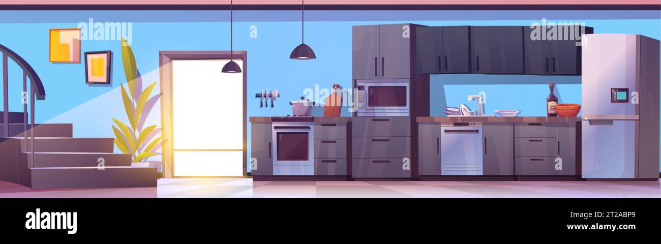 Kitchen room interior with dining table in house cartoon vector ...
