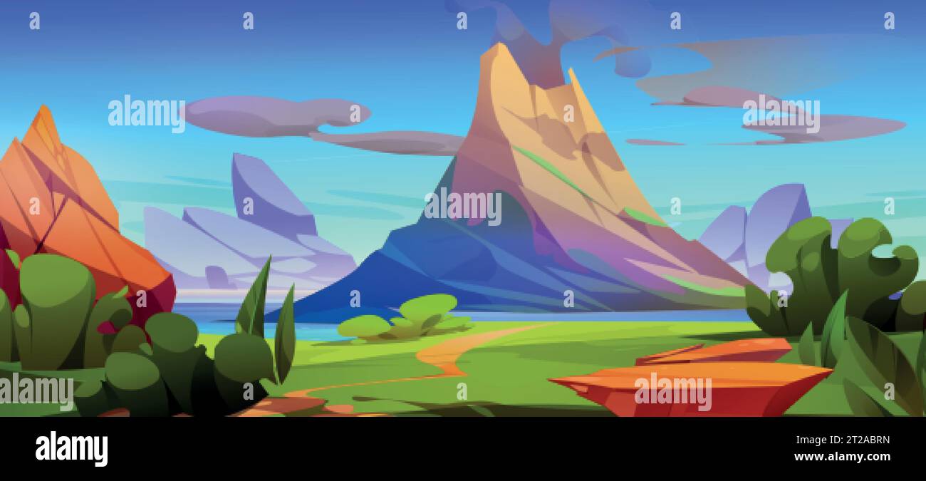 Cartoon volcano and prehistoric landscape background. Jurassic mountain ...