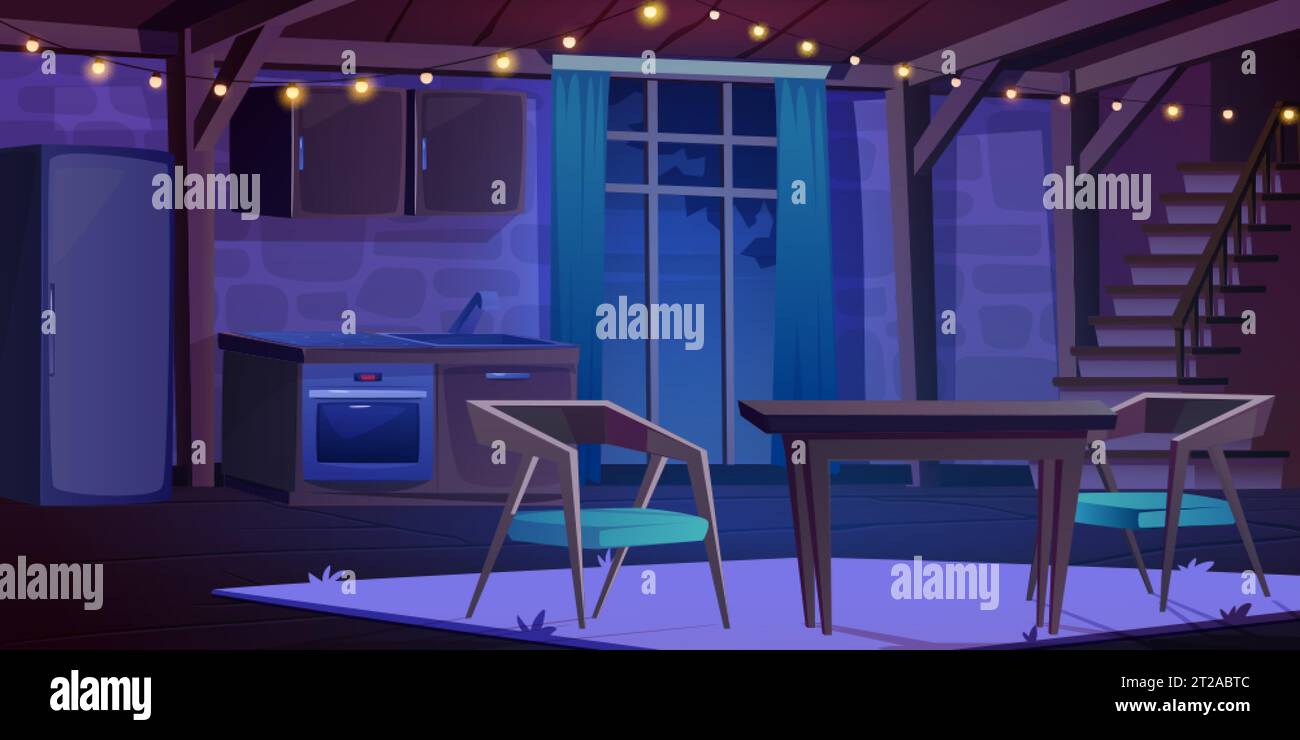 Night castle kitchen interior with dining table cartoon vector ...