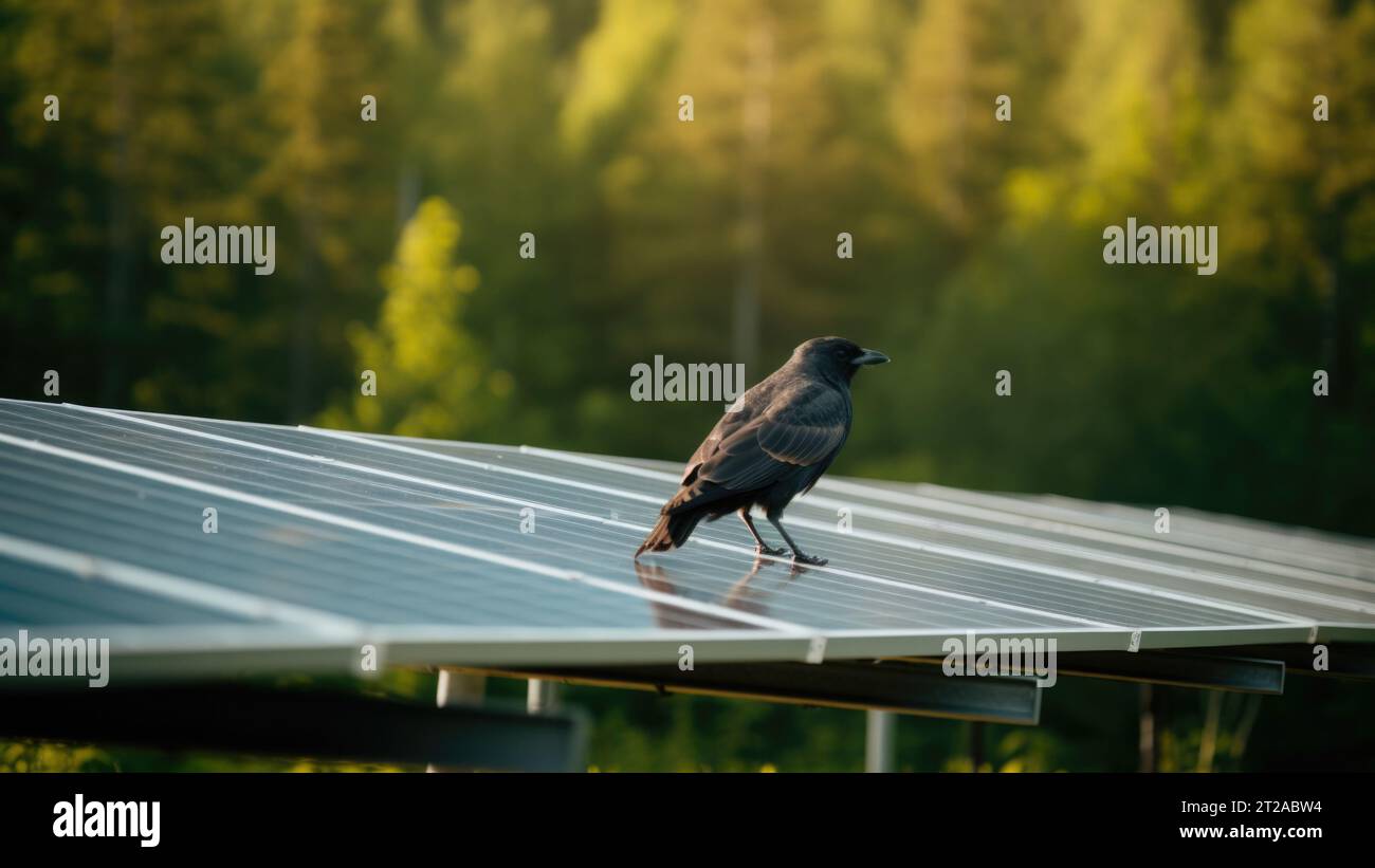 A crow standing poised atop a series of solar panels Stock Photo - Alamy