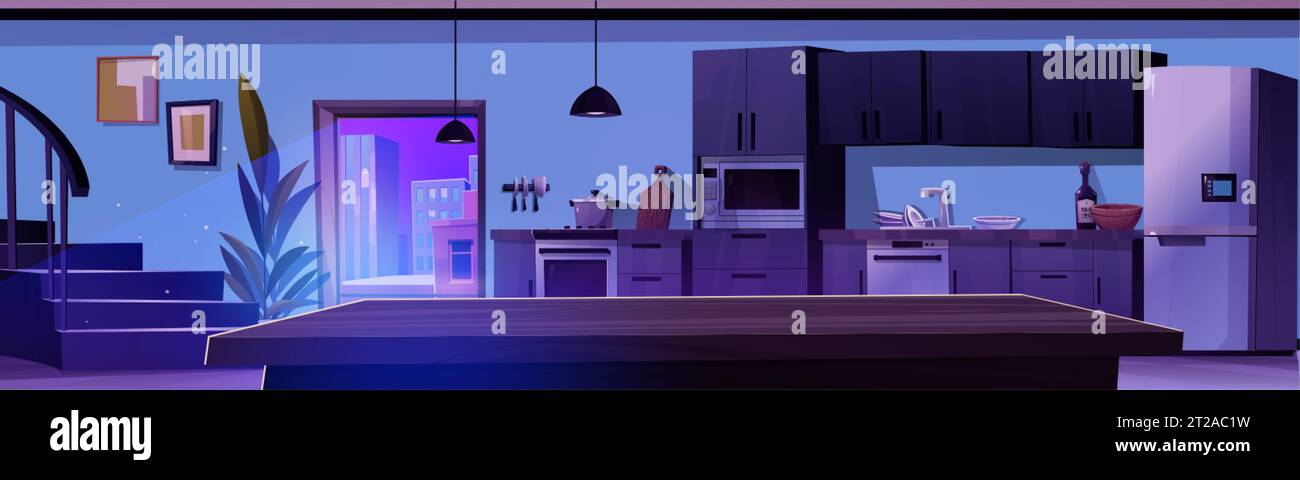 Night kitchen interior with furniture and kitchenware. Vector cartoon ...