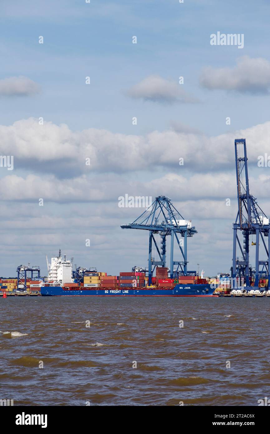 Container ship BG Jade berthed at the Port of Felixstowe, Suffolk, UK ...