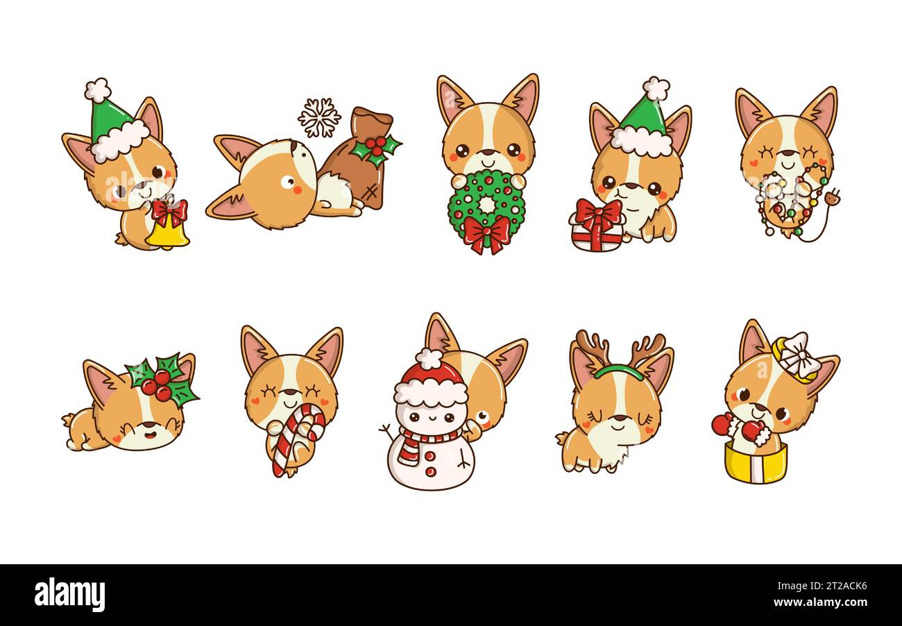 Set of Kawaii Christmas Corgi Dog Vector. Collection of Vector Xmas ...