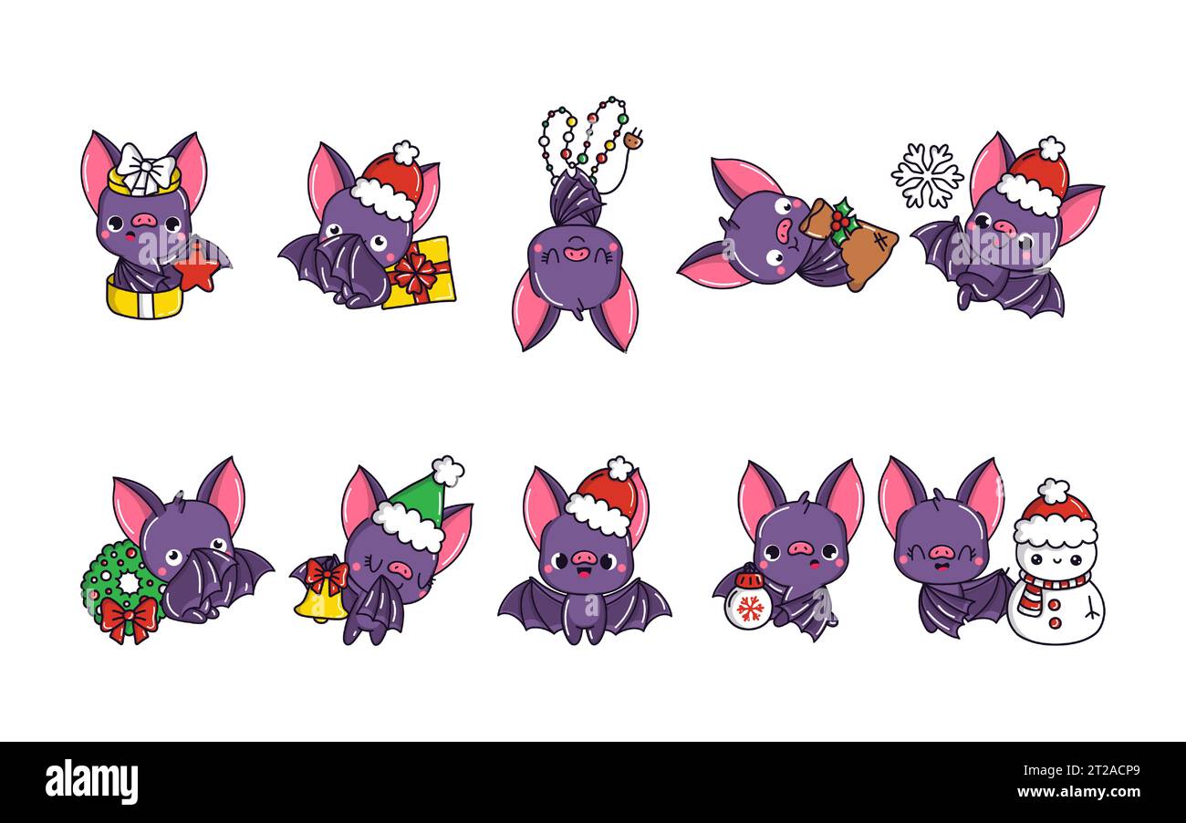 Set of Kawaii Christmas Bat Vector. Collection of Vector Xmas Animals ...