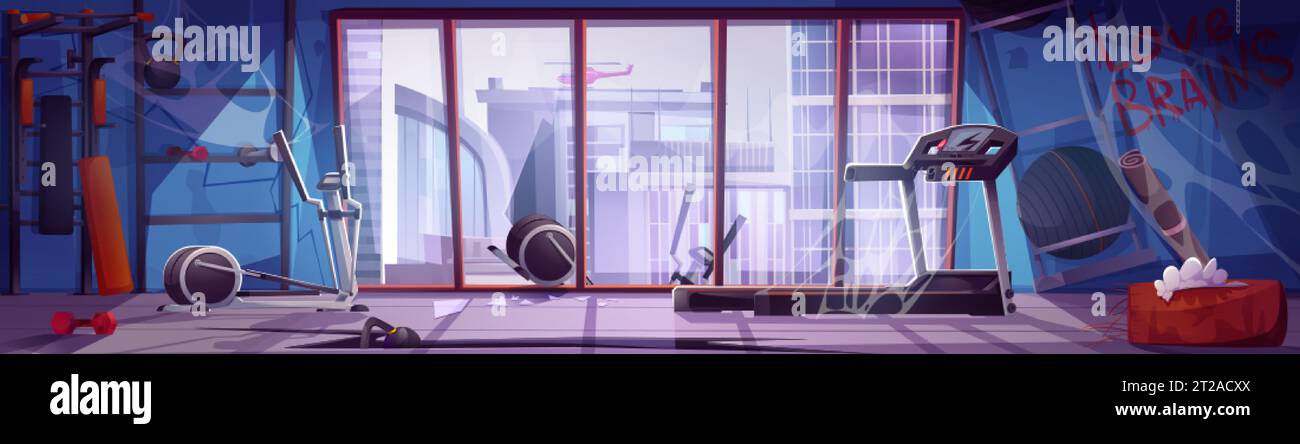 Abandoned and closed gym with broken exercise machines and sports ...