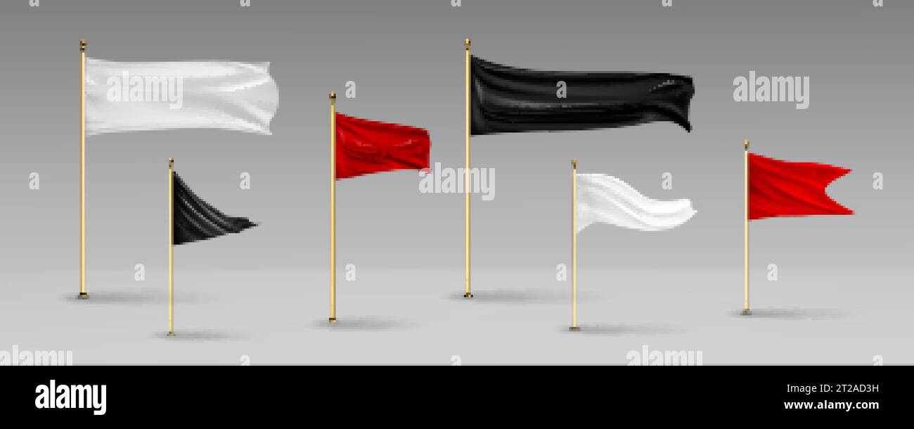 Pennant with flag 3d mockup realistic vector set. White, black and red ...