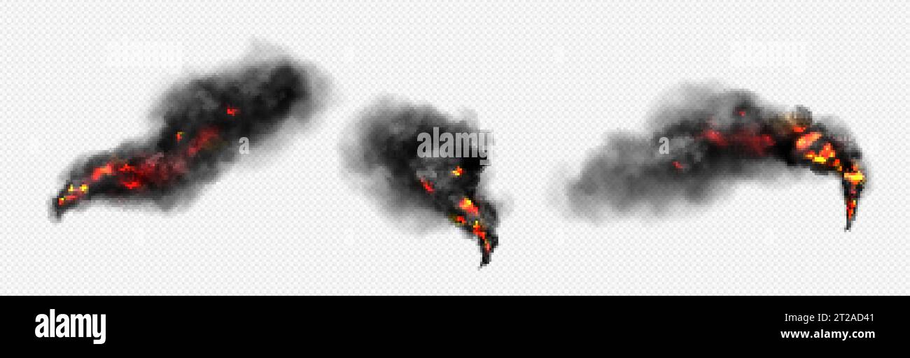 Fire with clouds of black smoke on transparent background. Realistic ...