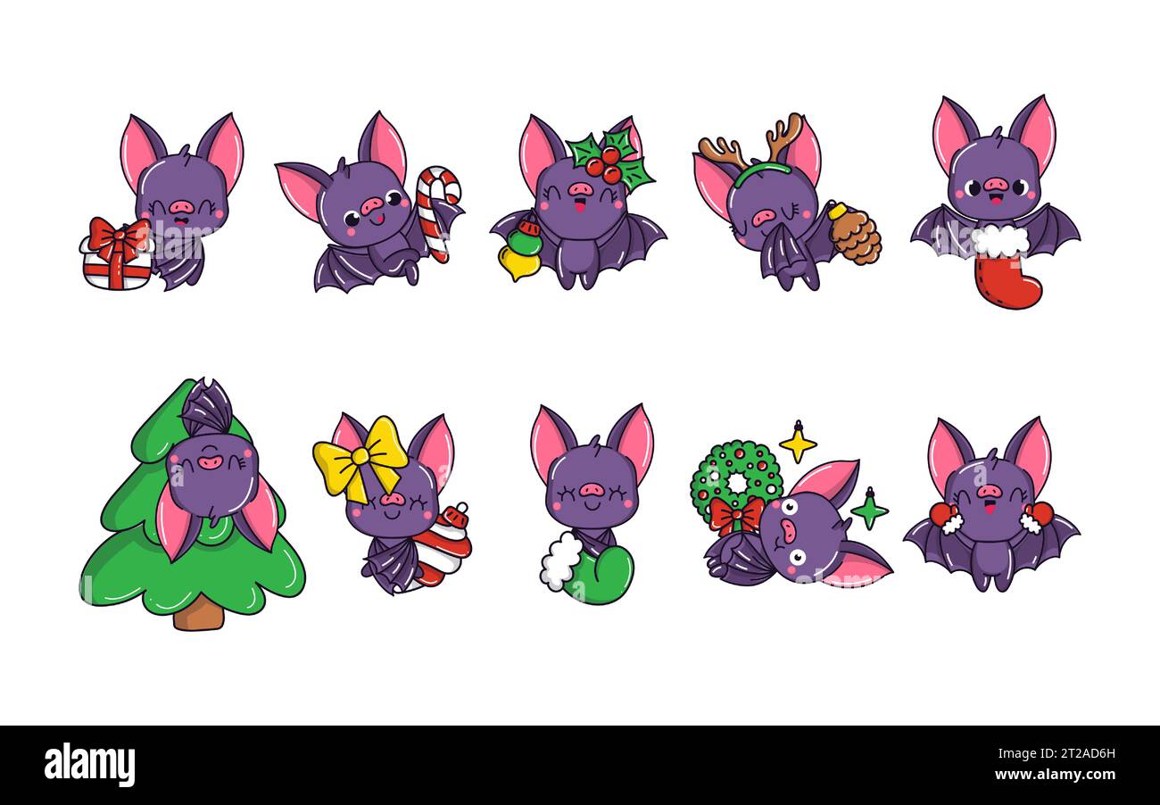 Set of Vector Christmas Bat . Collection of Kawaii Isolated Christmas ...