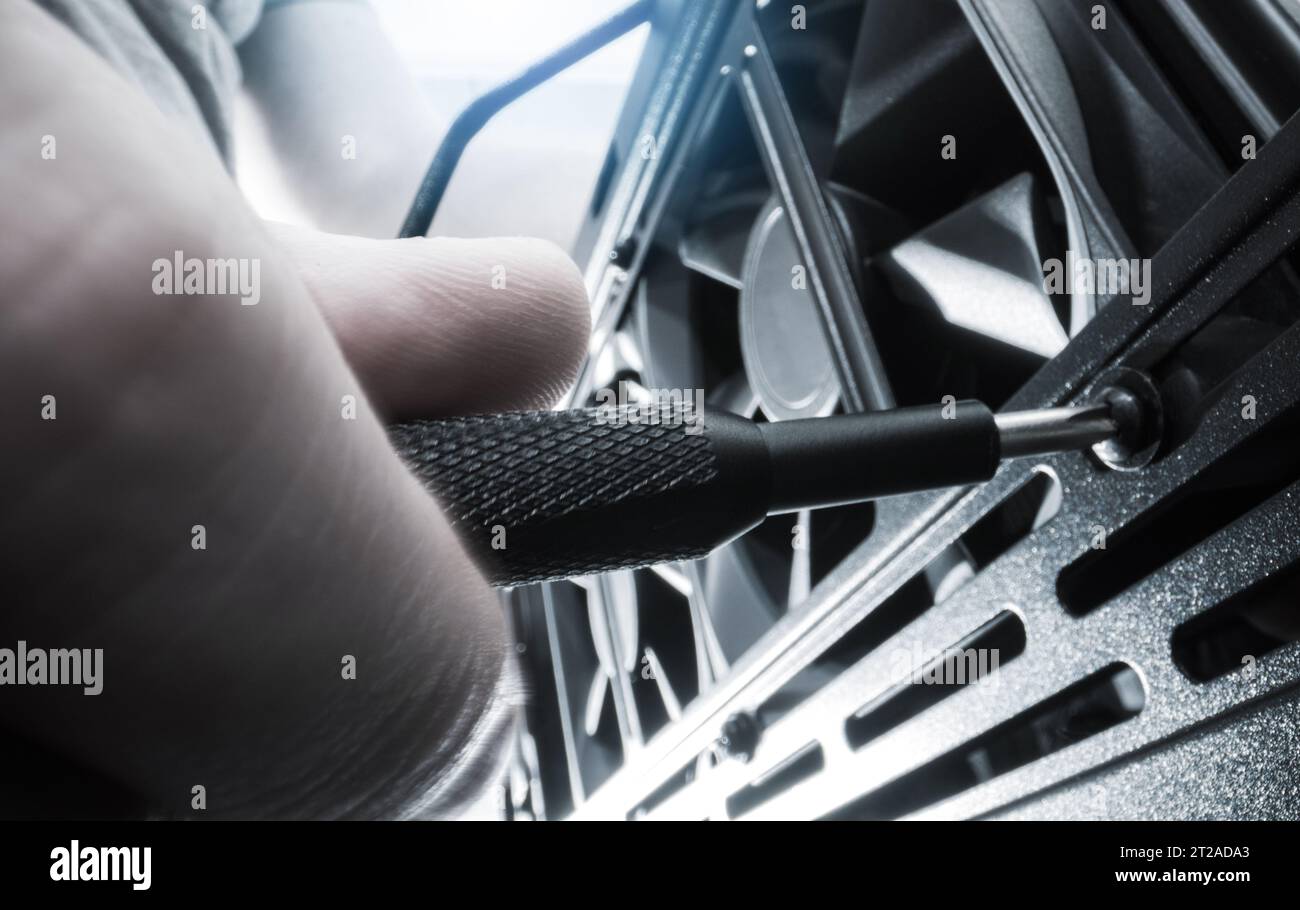 Caucasian Man Building New Modern Computer Machine. Installing Vents ...