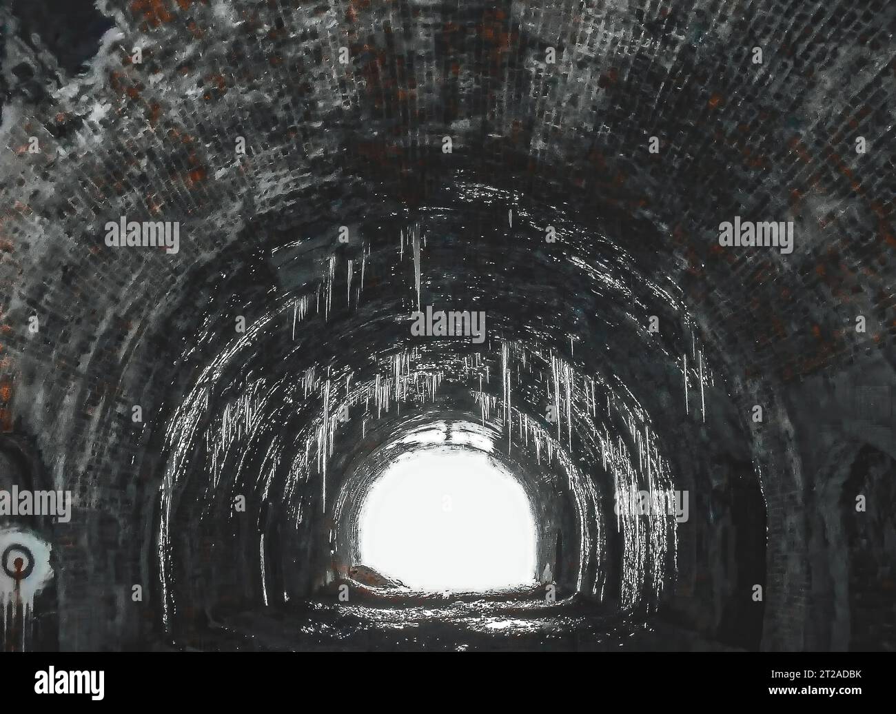 A dimly lit tunnel illuminated by a single light source, creating a ...