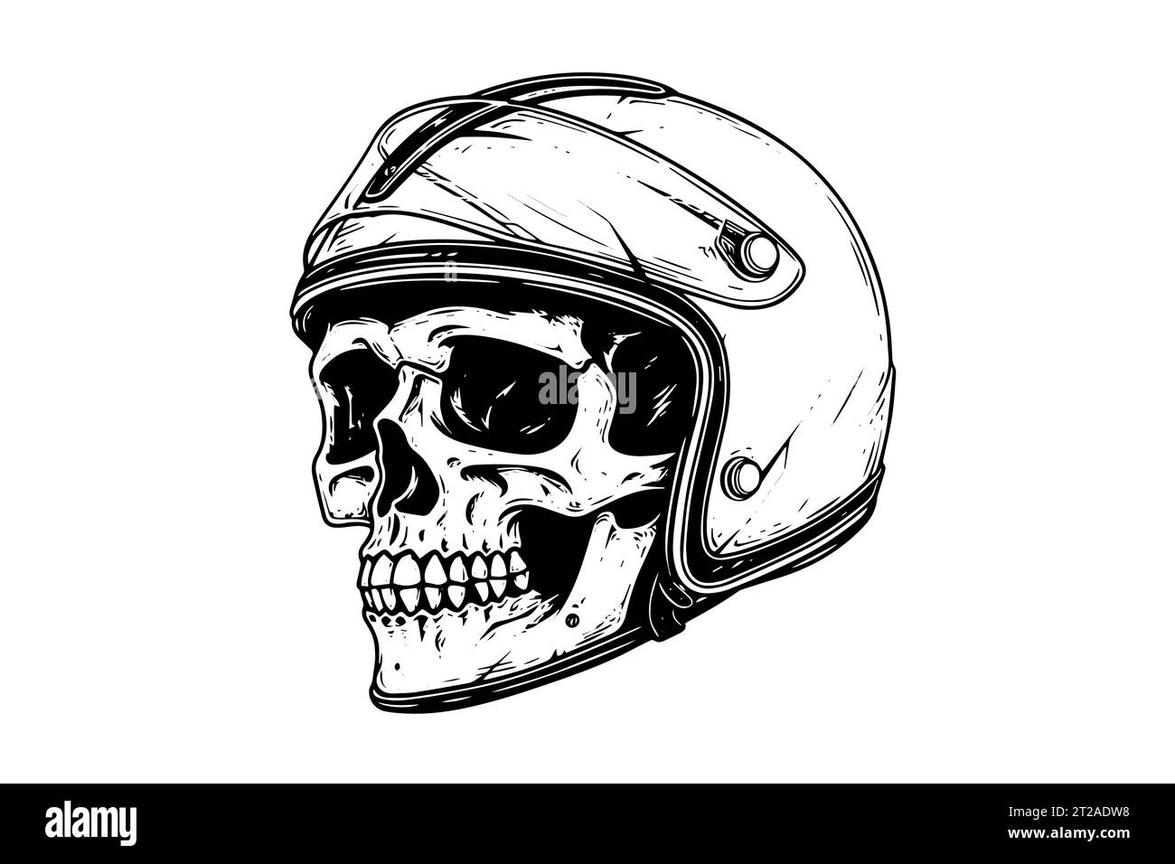 Skull in a motorcycle helmet hand drawn ink sketch. Engraved style ...