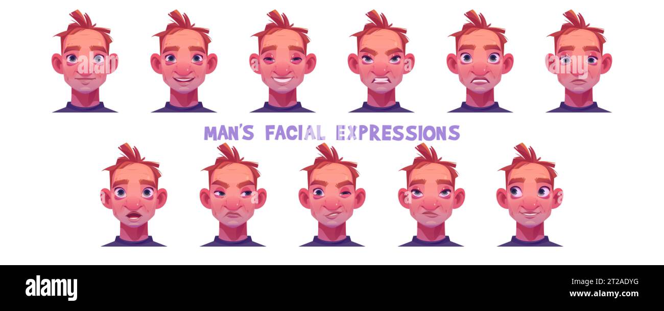 Man facial expression cartoon vector set - young guy face with ...