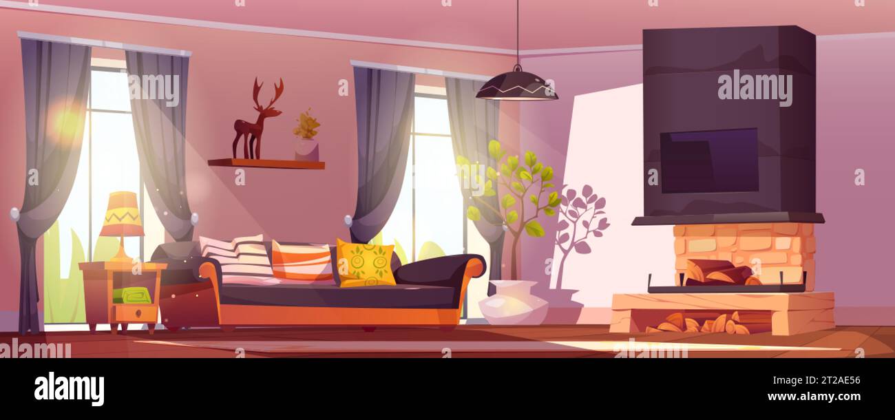 Living room interior with fireplace at home cartoon illustration. Sofa ...