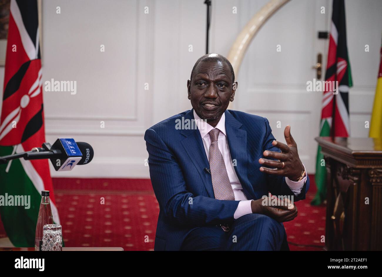Nairobi, Kenya. 13th Oct, 2023. Kenyan President William Ruto speaks during an interview with ...