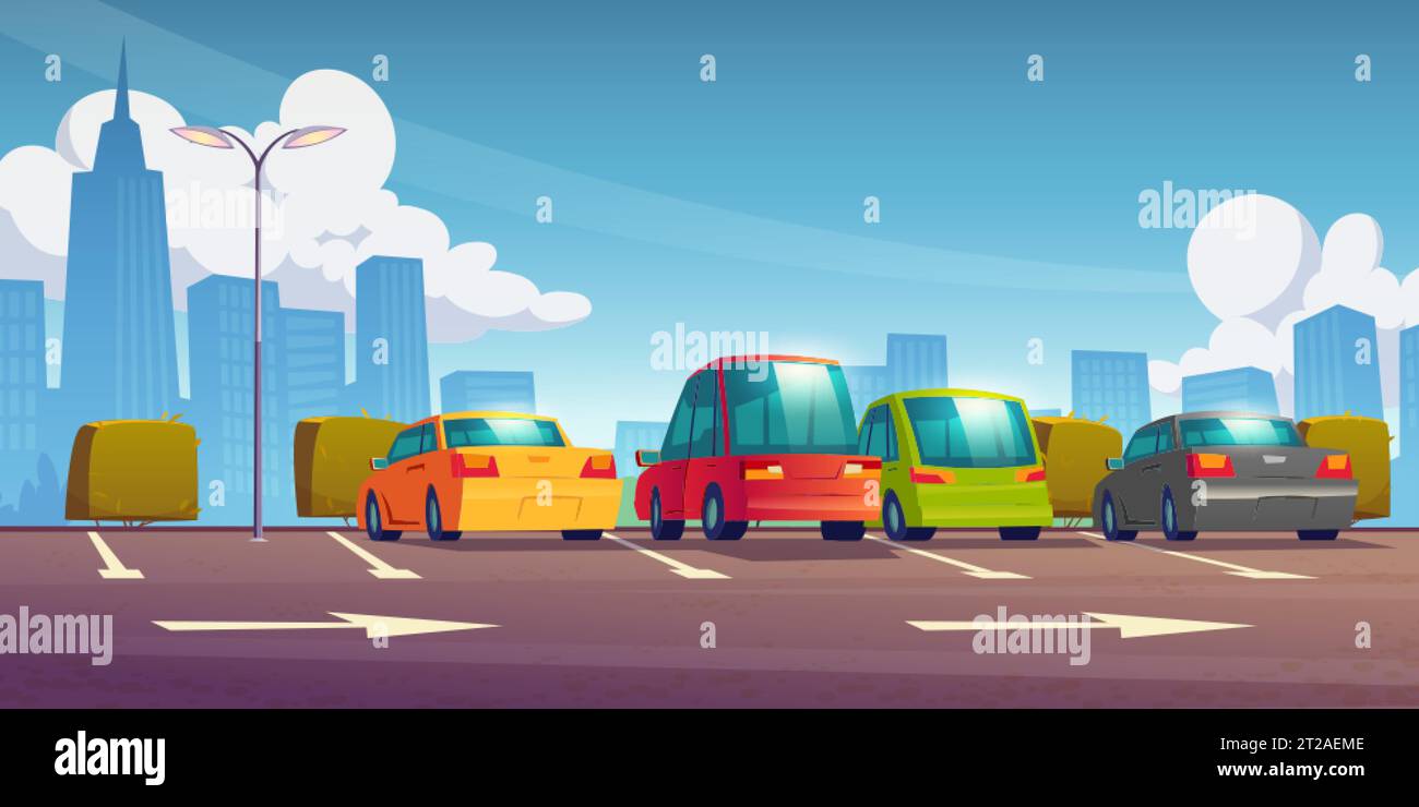 Cars standing in city parking lot - cartoon vector illustration of high ...
