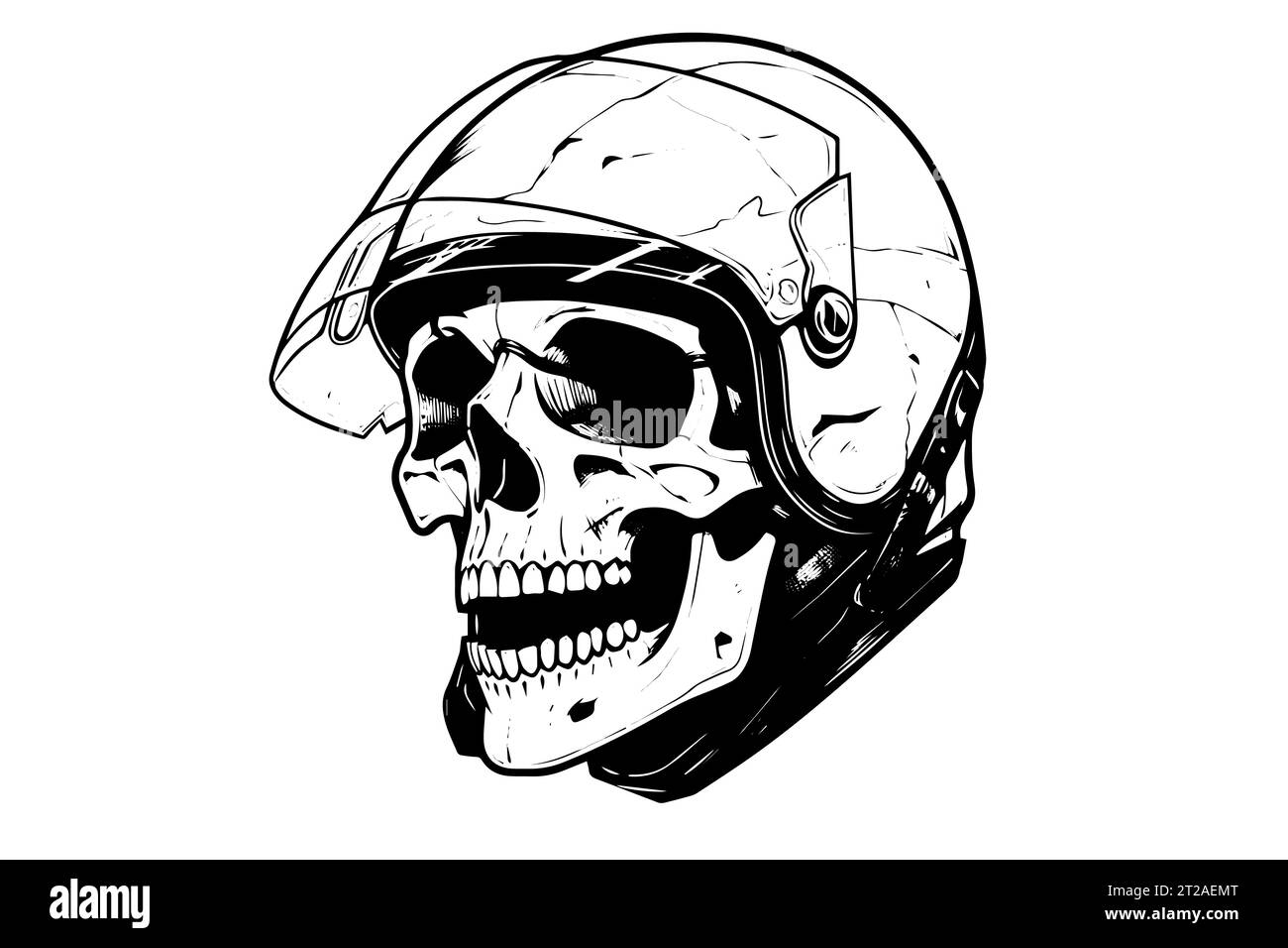 Skull in a motorcycle helmet hand drawn ink sketch. Engraved style ...