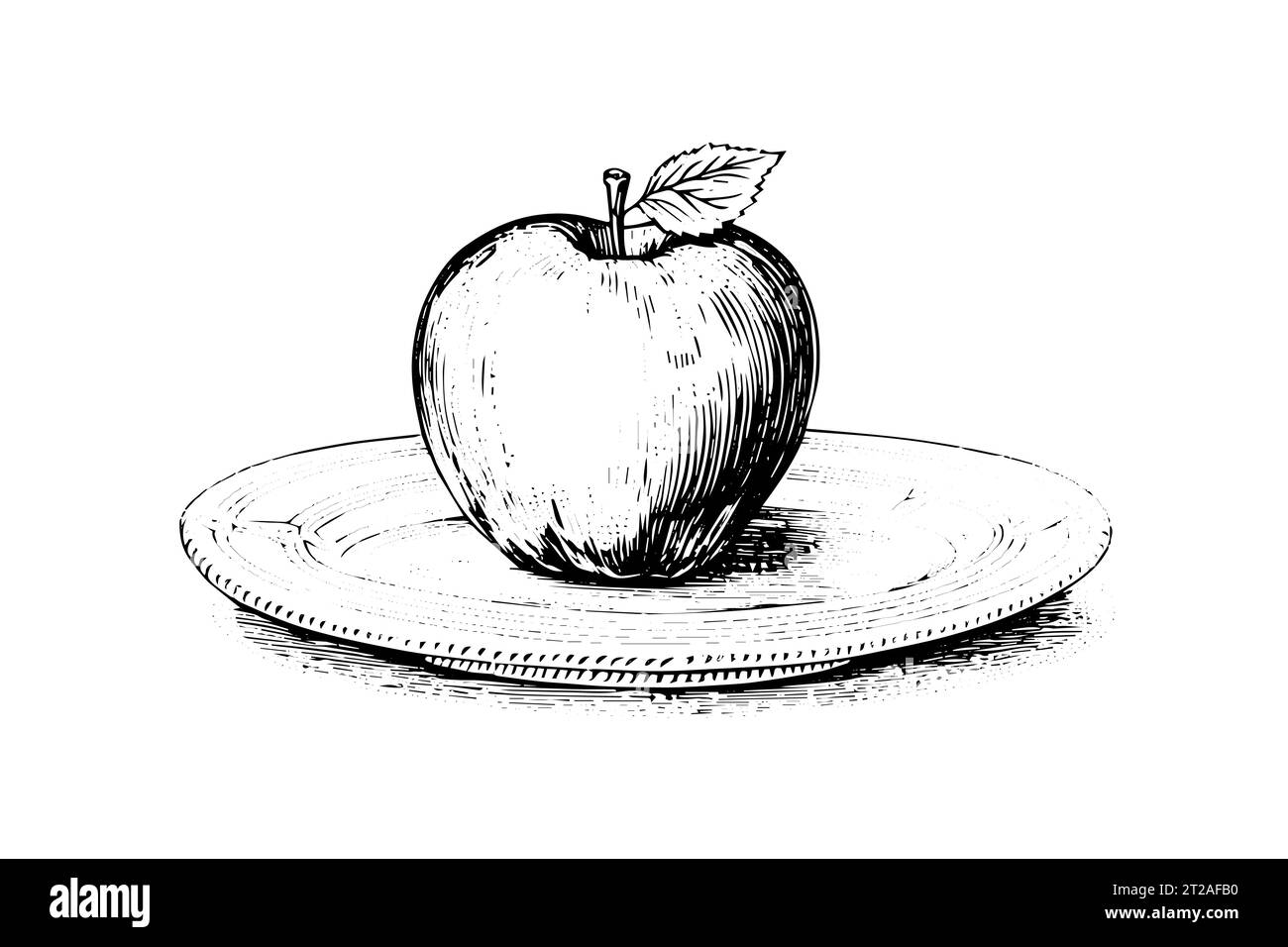 Apple on a plate hand drawn ink sketch. Engraved style vector ...