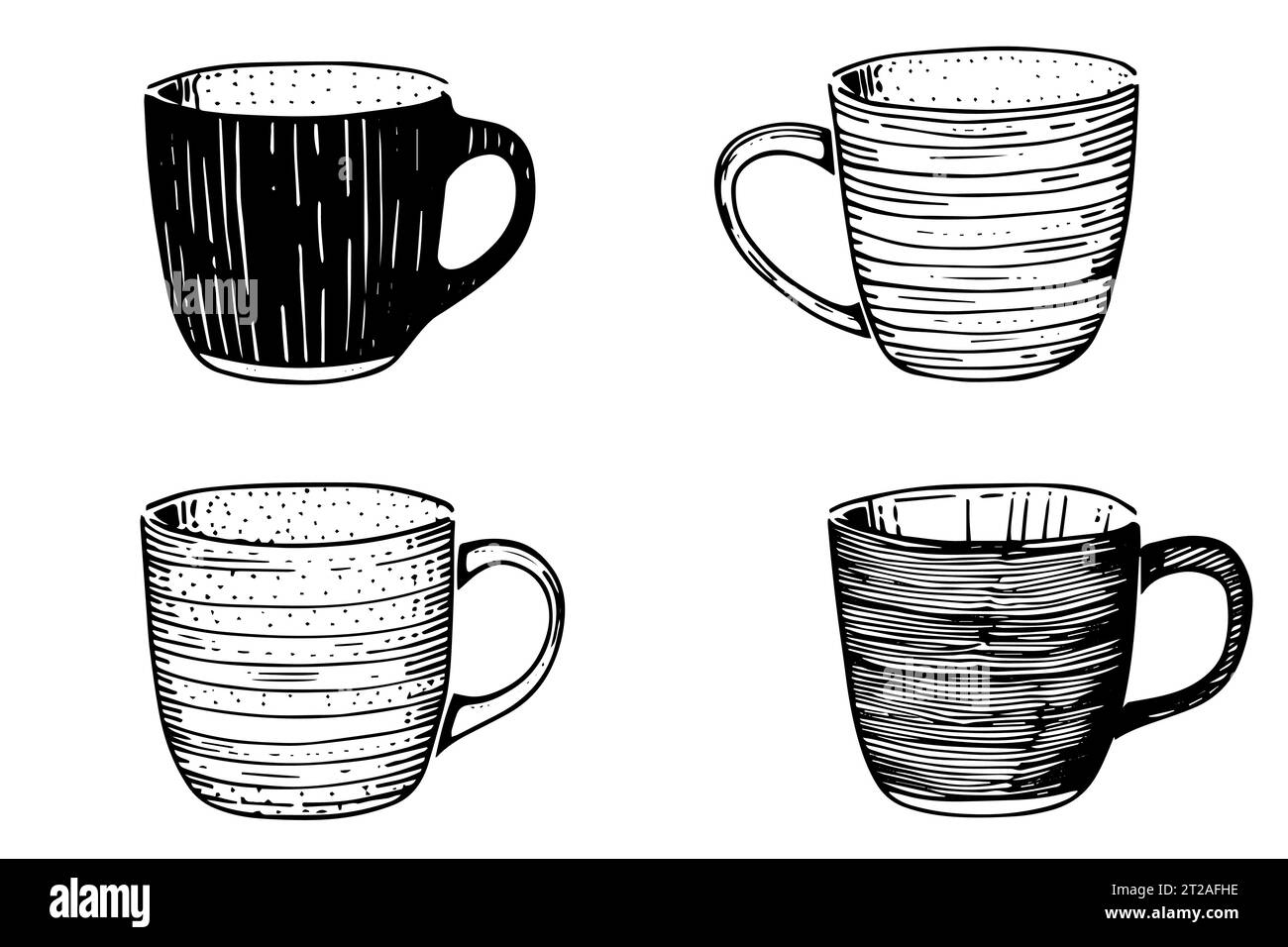Set Of Vintage Cups Or Mugs Hand Drawn Ink Sketch Engraved Style