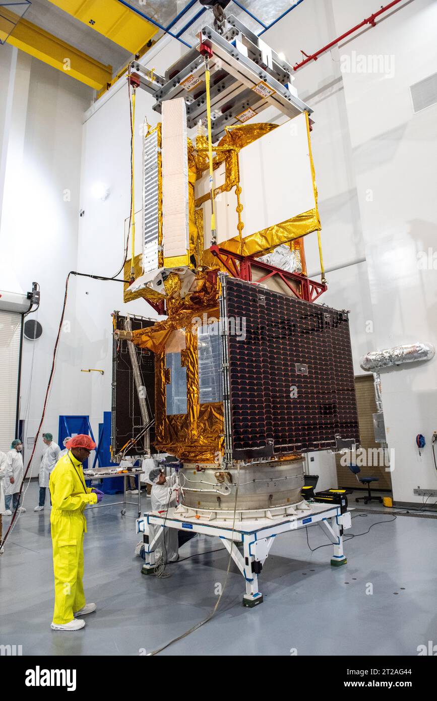 SWOT Spacecraft Mate to PLA. Inside the SpaceX facility at Vandenberg ...