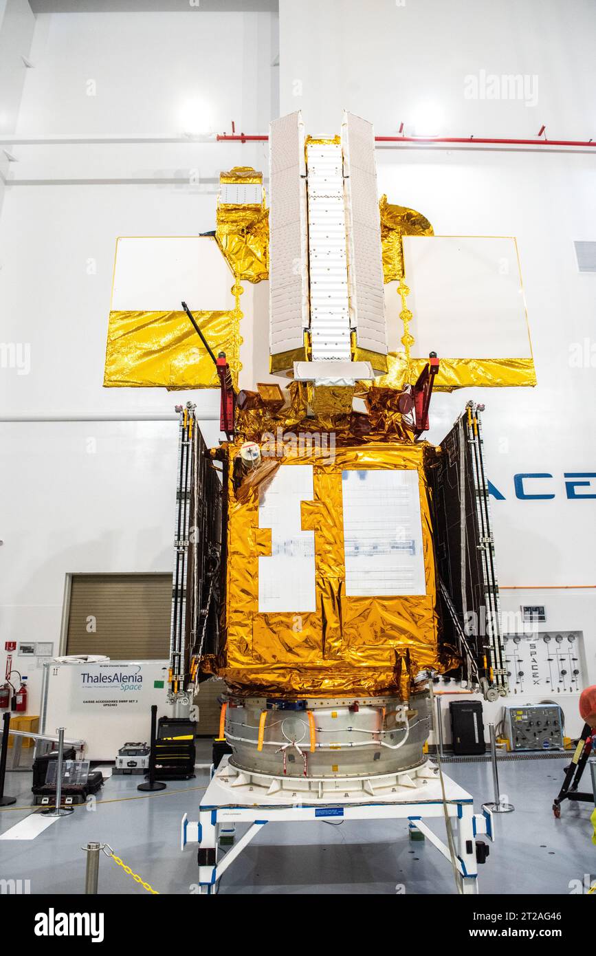 SWOT Spacecraft Mate to PLA. Inside the SpaceX facility at Vandenberg ...
