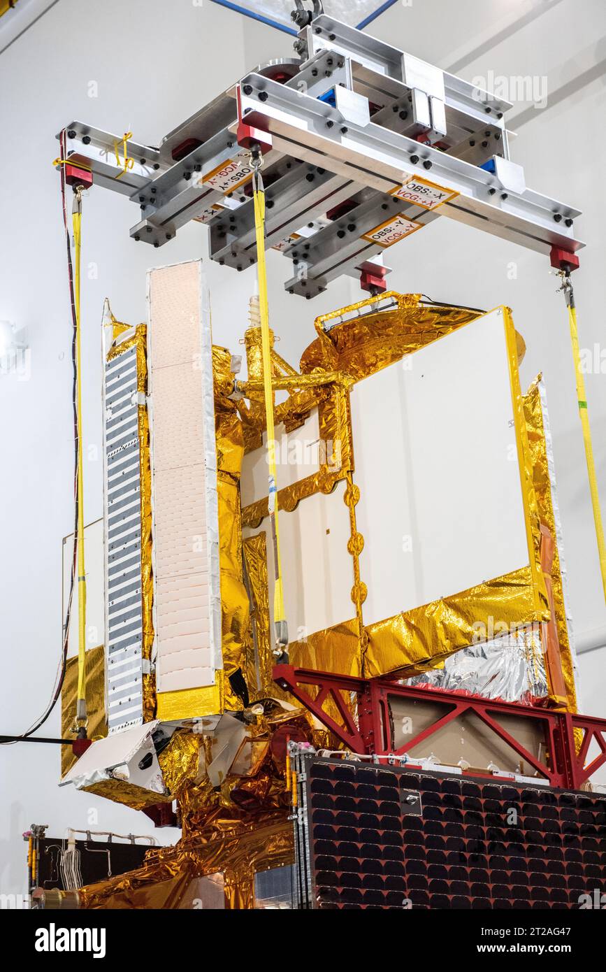 SWOT Spacecraft Mate to PLA. Inside the SpaceX facility at Vandenberg ...