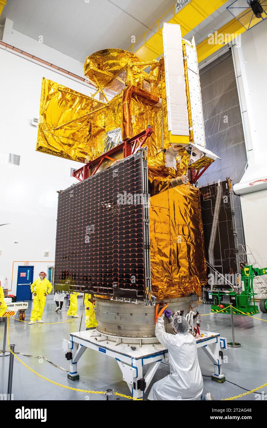 SWOT Spacecraft Mate to PLA. Inside the SpaceX facility at Vandenberg ...