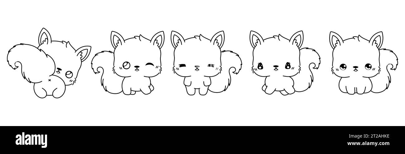 Collection of Vector Cartoon Squirrel Coloring Page. Set of Kawaii ...