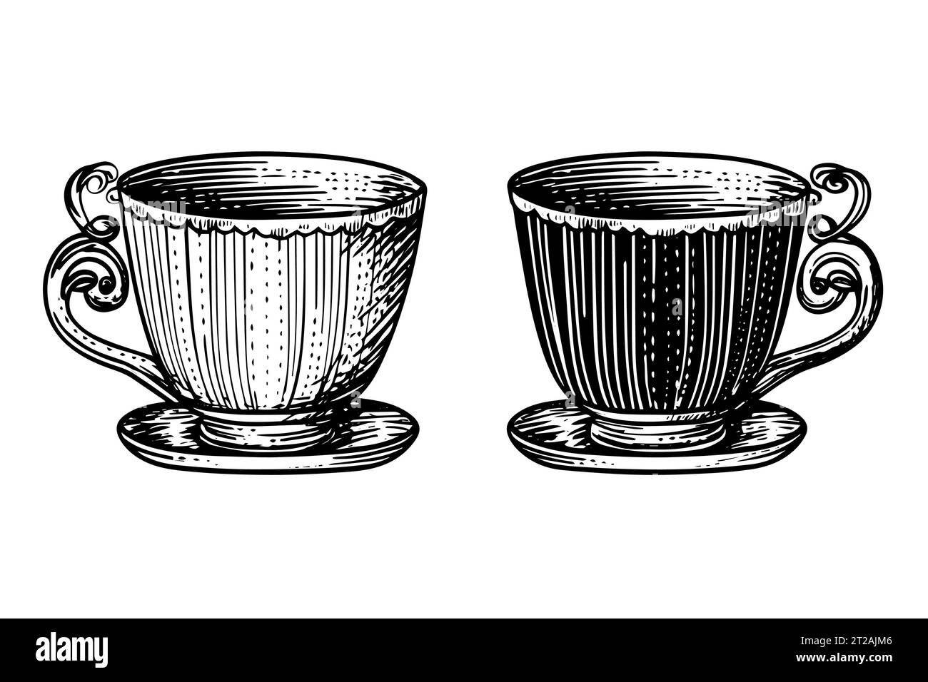Set of vintage cups or mugs hand drawn ink sketch. Engraved style ...