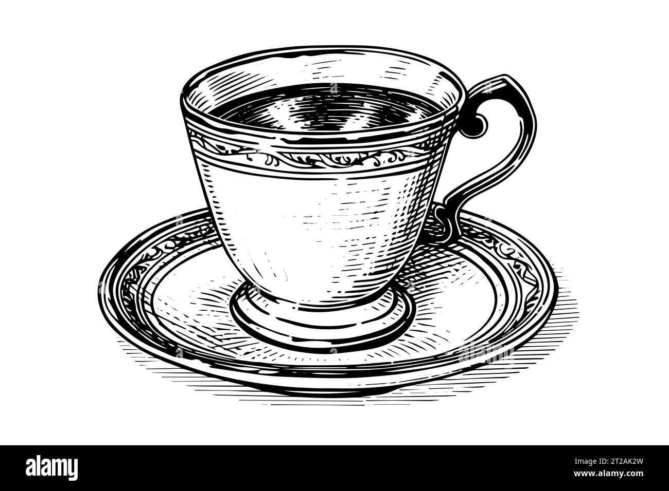 Vintage cup on a plate hand drawn ink sketch. Engraved style vector ...