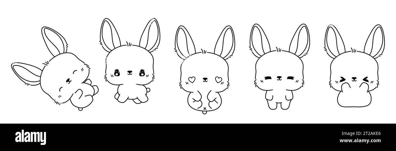Set of Kawaii Isolated Bunny Coloring Page. Collection of Cute Vector ...