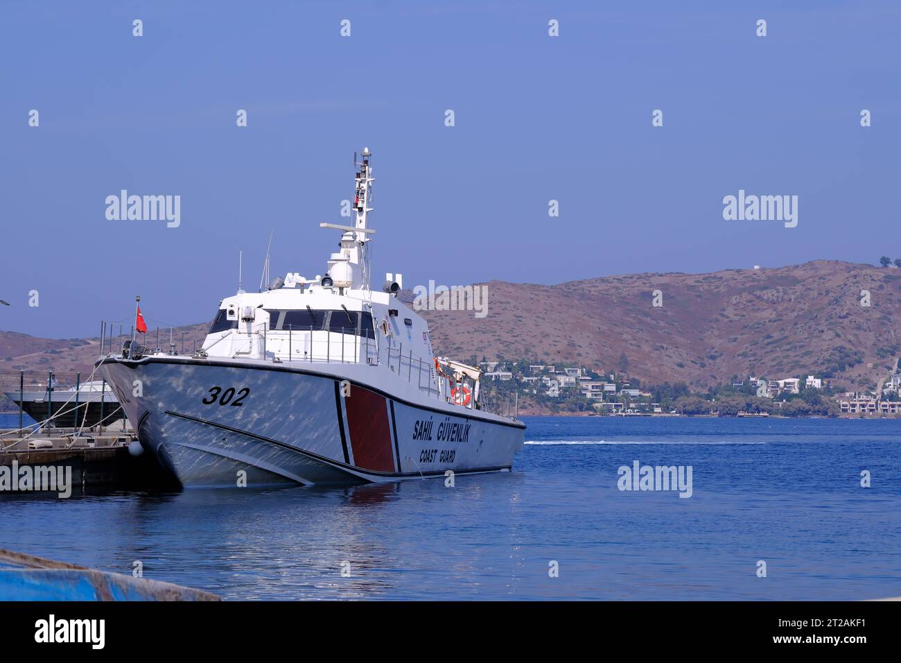 Turkish coast guard boat at park position in Bodrum Turkey in a sunny ...