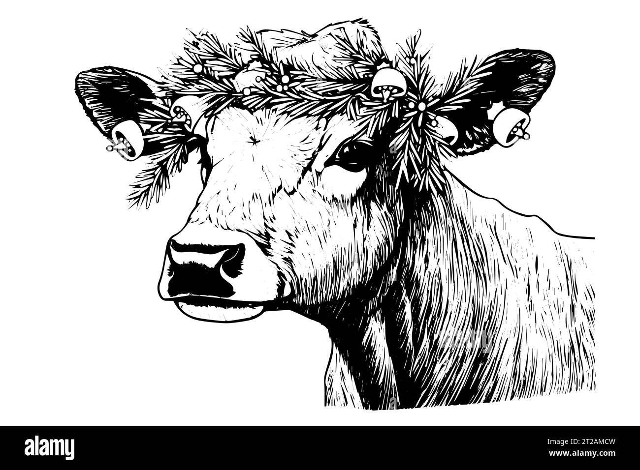Cow with a wreath hand drawn ink sketch. Engraved style vector ...