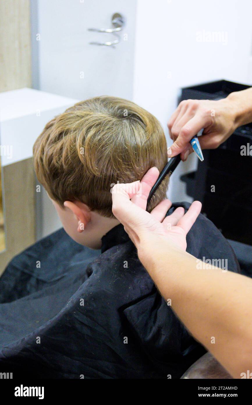 A little cute boy sits in a hairdresser's at the stylist's, a ...