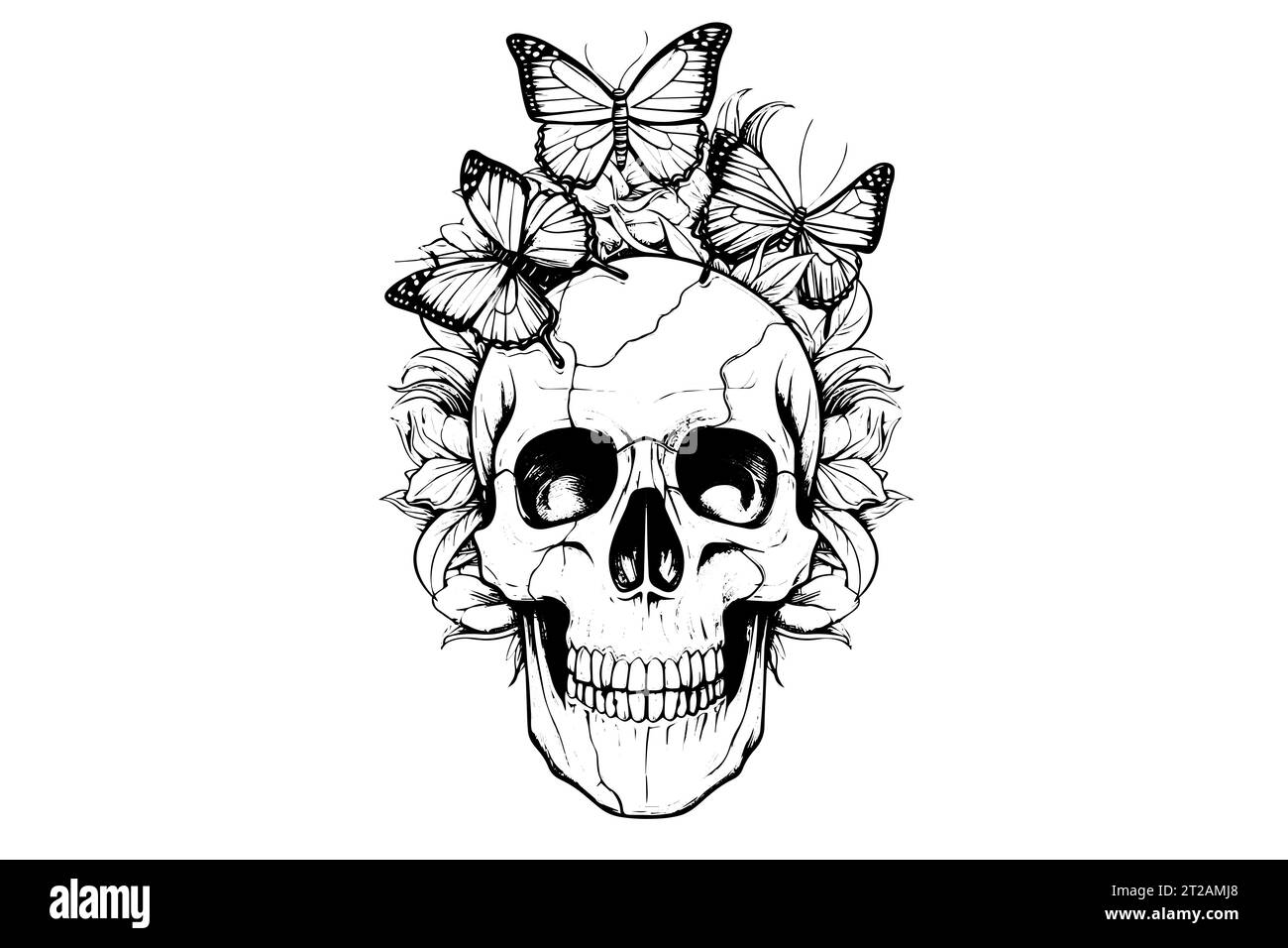 Skull with butterfly hand drawn ink sketch. Engraved style vector ...