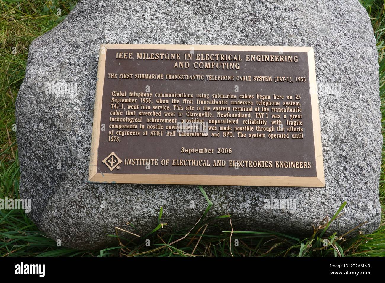 Plaque commemorating the first transatlantic submarine cable which ...