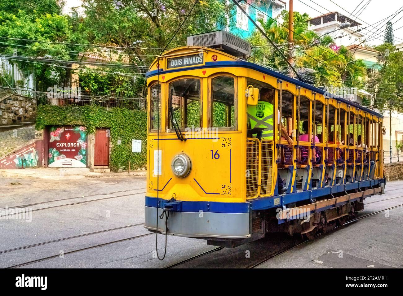 Vintage yellow tramway, streetcar, or tram vehicle in Rio de Janeiro ...