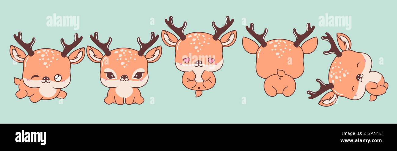 Set of Vector Cartoon Deer Illustrations. Collection of Kawaii Isolated ...