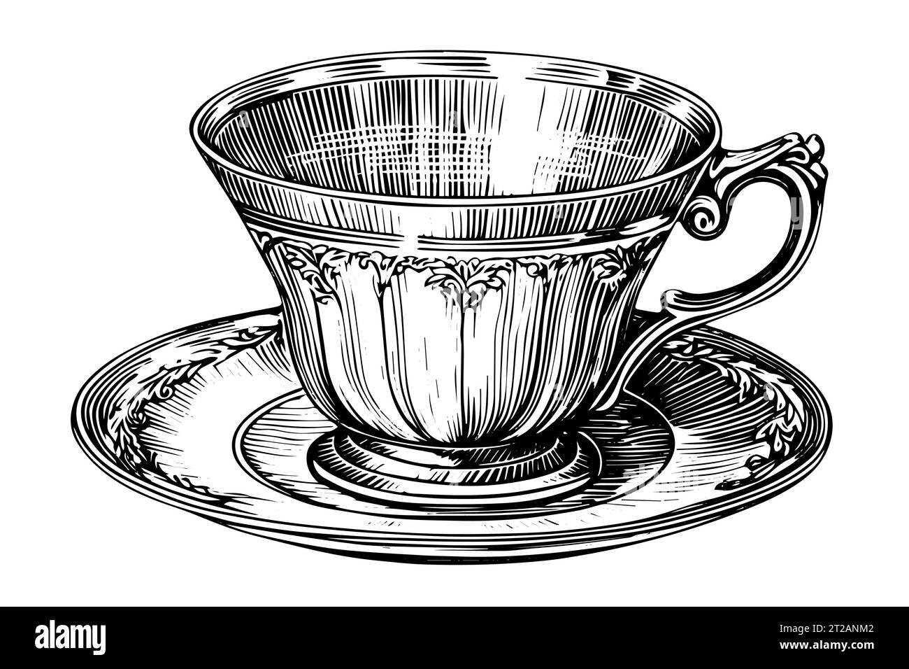 Vintage cup on a plate hand drawn ink sketch. Engraved style vector ...