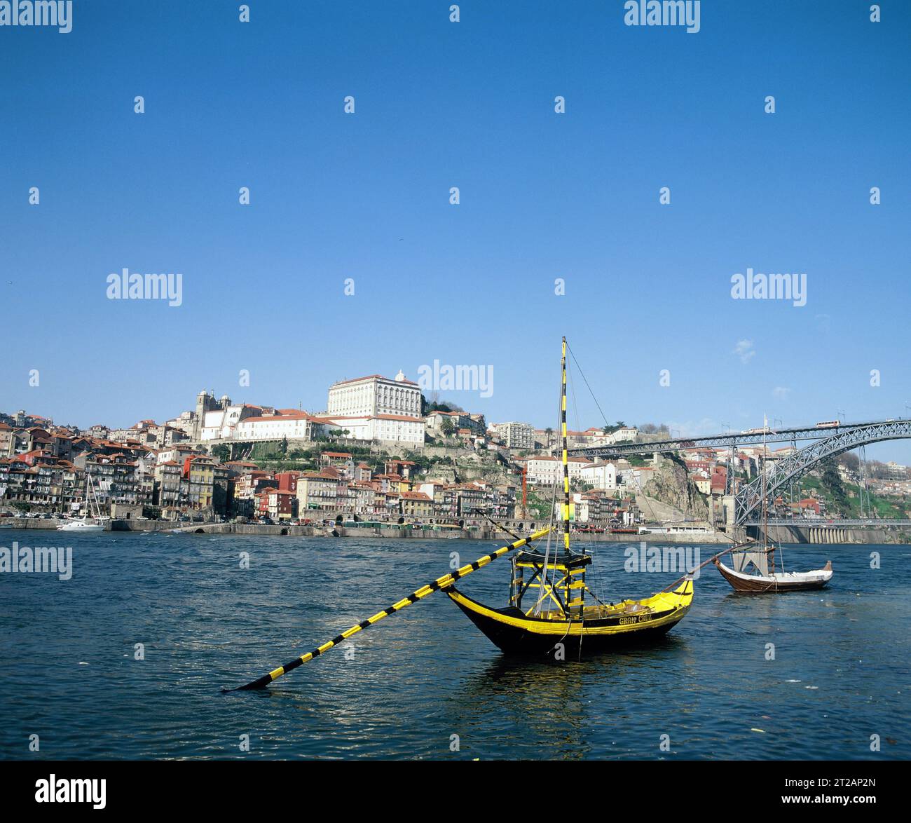Portugal. Porto. Douro River view with moored traditional Rabelo boat ...