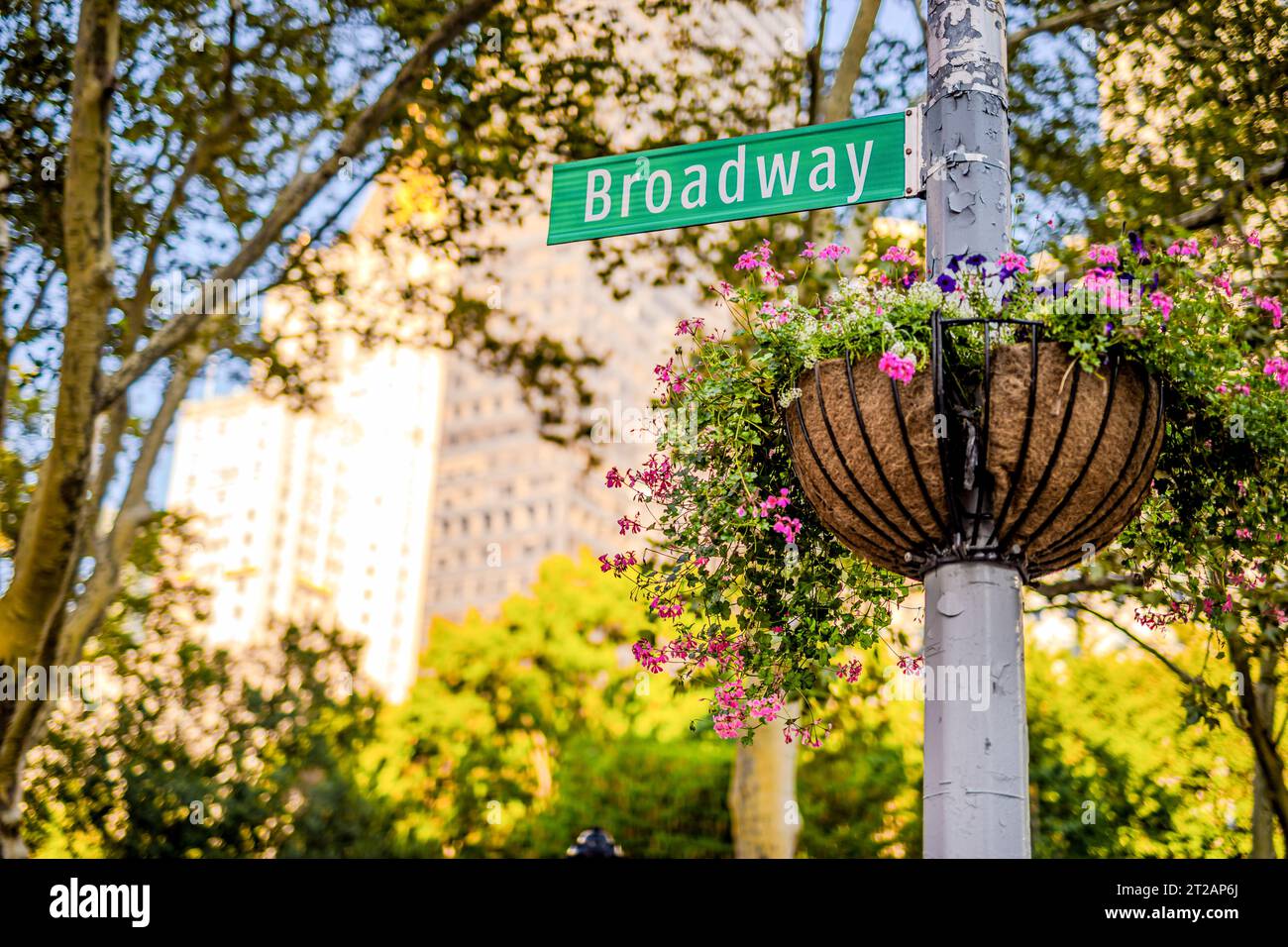Broadway Street sign in New York with a decorative flower-adorned ...