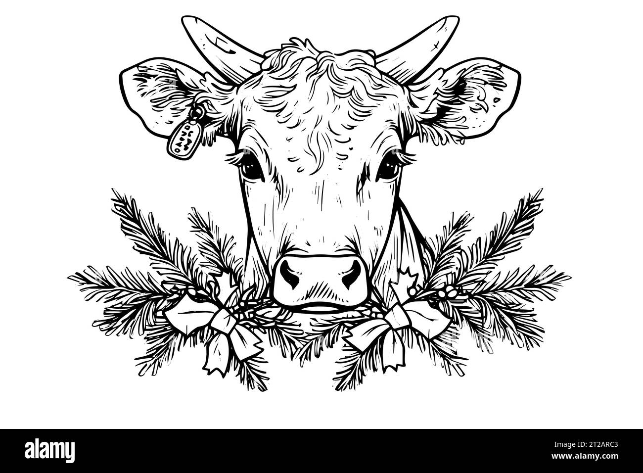 Cow with a wreath hand drawn ink sketch. Engraved style vector ...