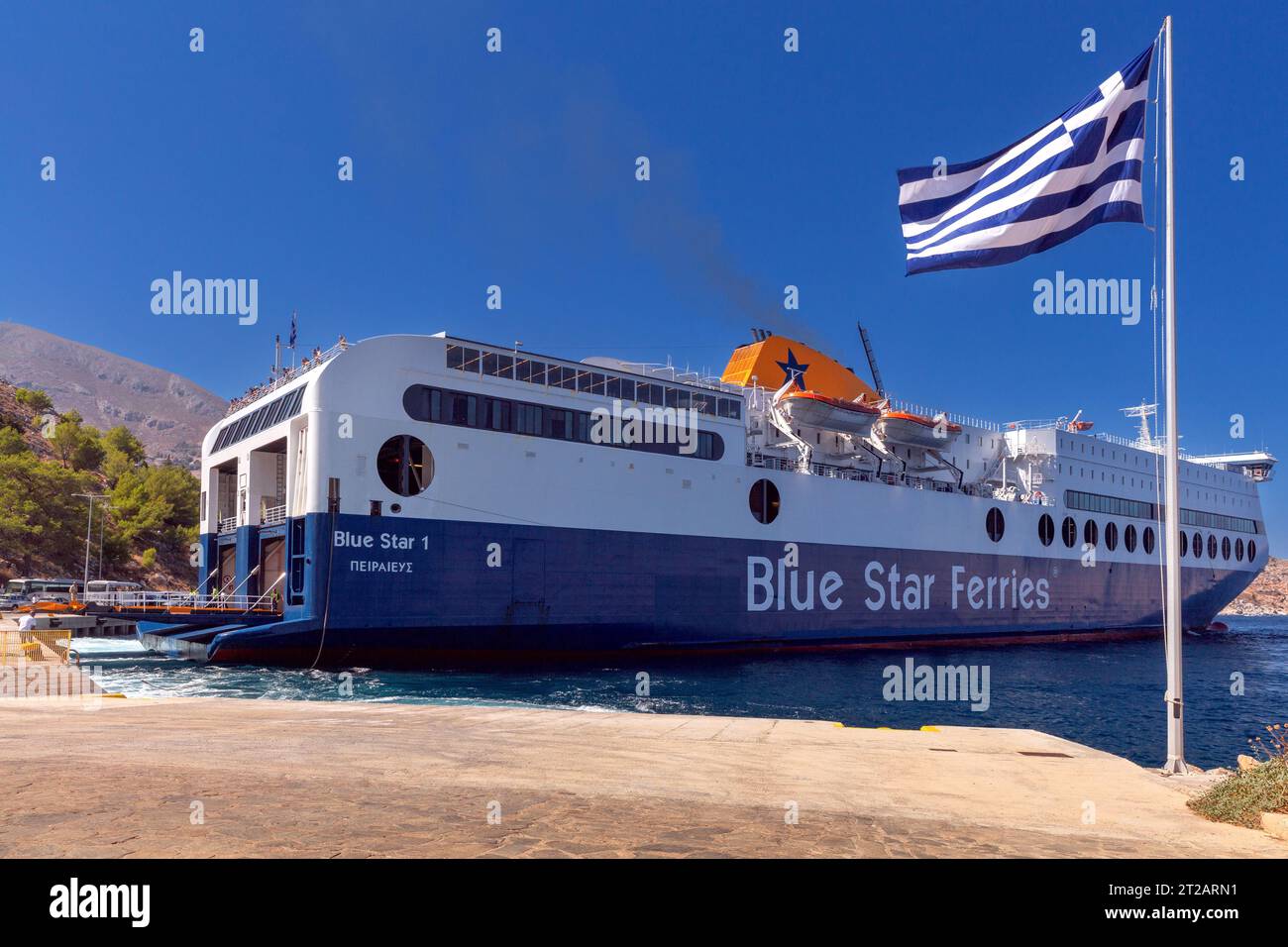 Symi, Greece - September 18, 2023: Large cargo-passenger sea ferry Blue ...