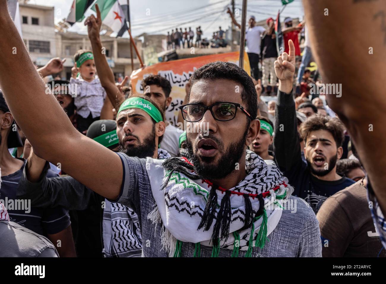 Atme, Syria. 18th Oct, 2023. Demonstrators take part in a pro-Palestine ...