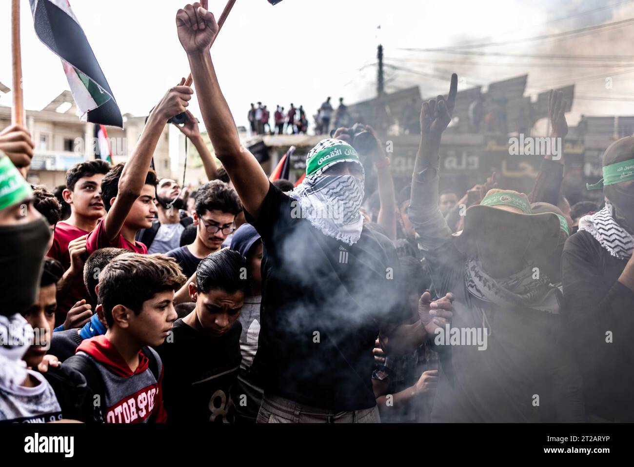 Atme, Syria. 18th Oct, 2023. Demonstrators take part in a pro-Palestine ...